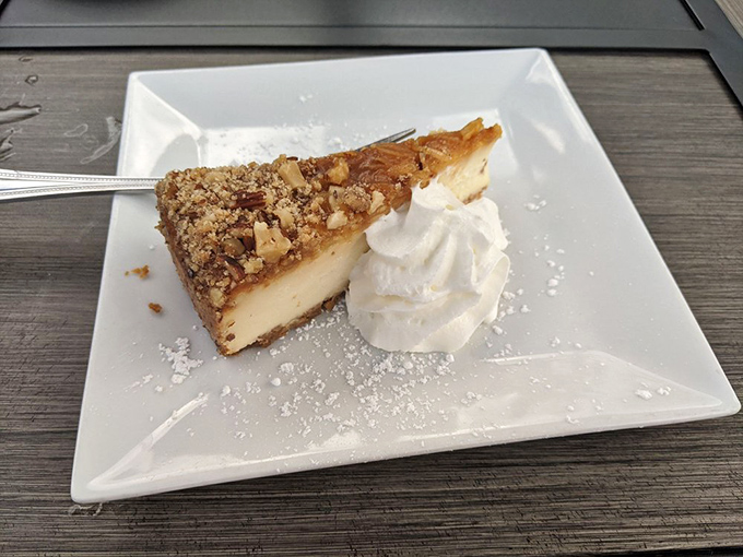 A slice of cheesecake that whispers, "Diet plans are overrated." The crumbly topping adds texture while the whipped cream stands by for moral support.