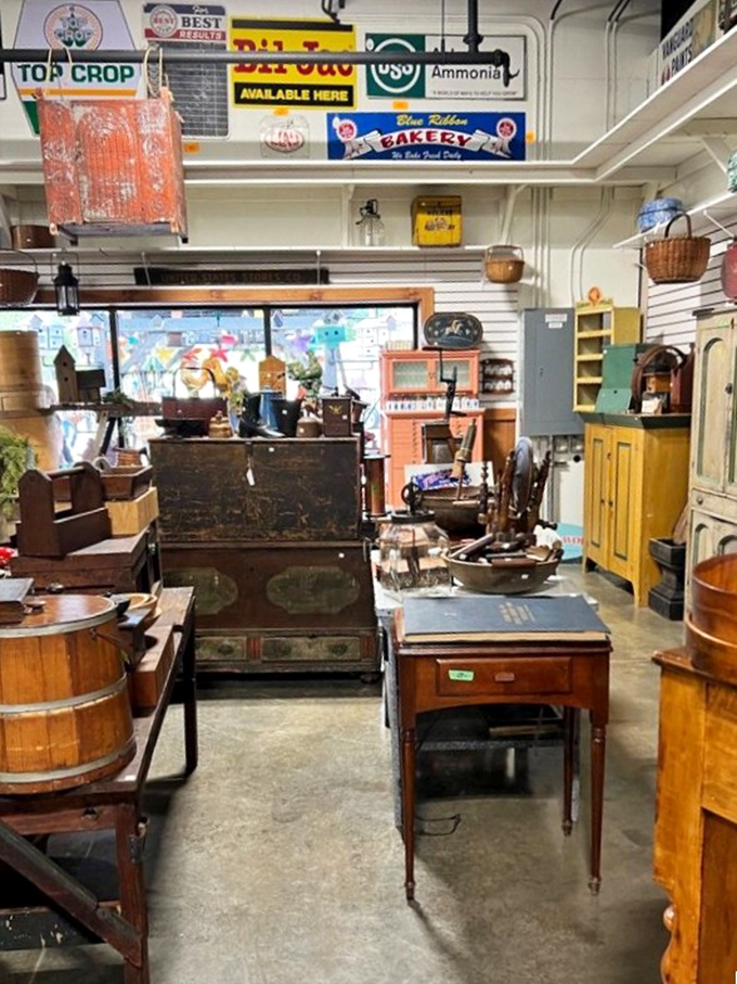 Time travel isn't possible? This antique-filled corner begs to differ. Each wooden barrel and weathered cabinet holds stories from simpler times.