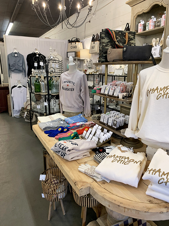 Modern meets vintage in this clothing display. Those "Champion City" sweatshirts might be new, but they're displayed with an old-soul sensibility.