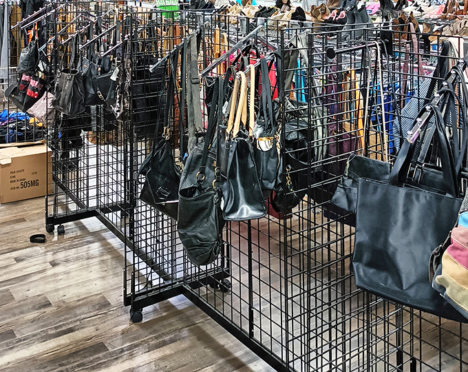 The handbag section: where designer dreams meet practical reality, all hanging from a wire fence of possibility.