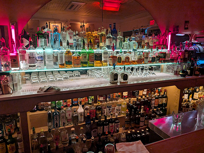 Behind this well-stocked bar lies liquid courage and the perfect complement to any perfectly grilled steak.