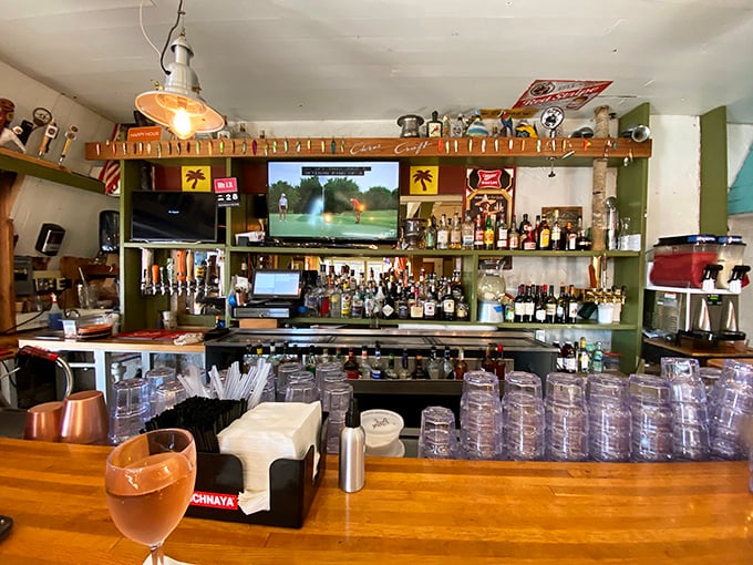 A bar stocked with liquid courage for those about to face the challenge of choosing just one whitefish preparation. Local beers flow as freely as fishing stories.