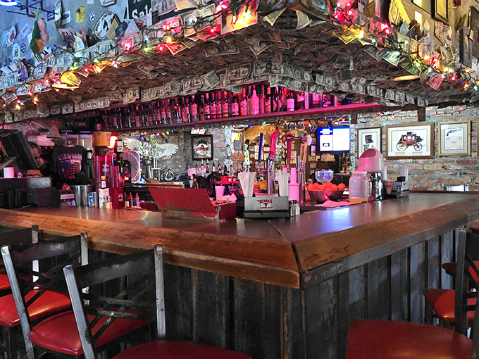 A bar adorned with dollar bills and memorabilia where stories flow as freely as the drinks. This is where friendships are forged over frosty glasses.