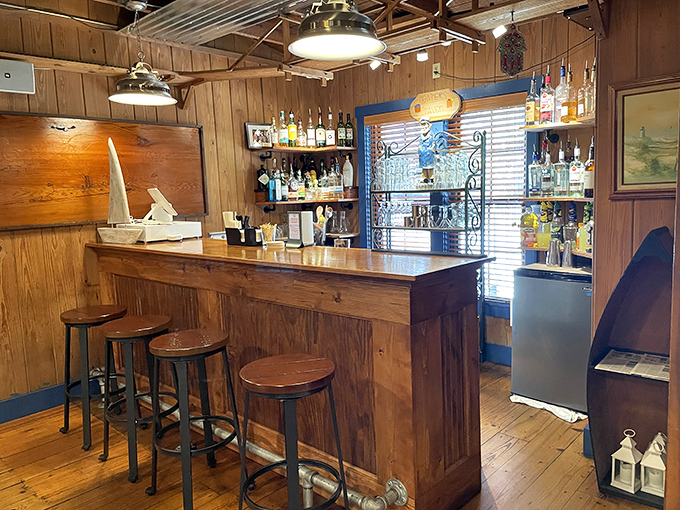 The rustic bar area invites you to belly up for a cocktail and conversation, surrounded by wood that's seen more seafood celebrations than a harbor master.