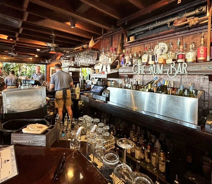 The "Gin Rum Bar" sign isn't just decoration—it's a lighthouse guiding thirsty sailors to a harbor of spirited refreshment.