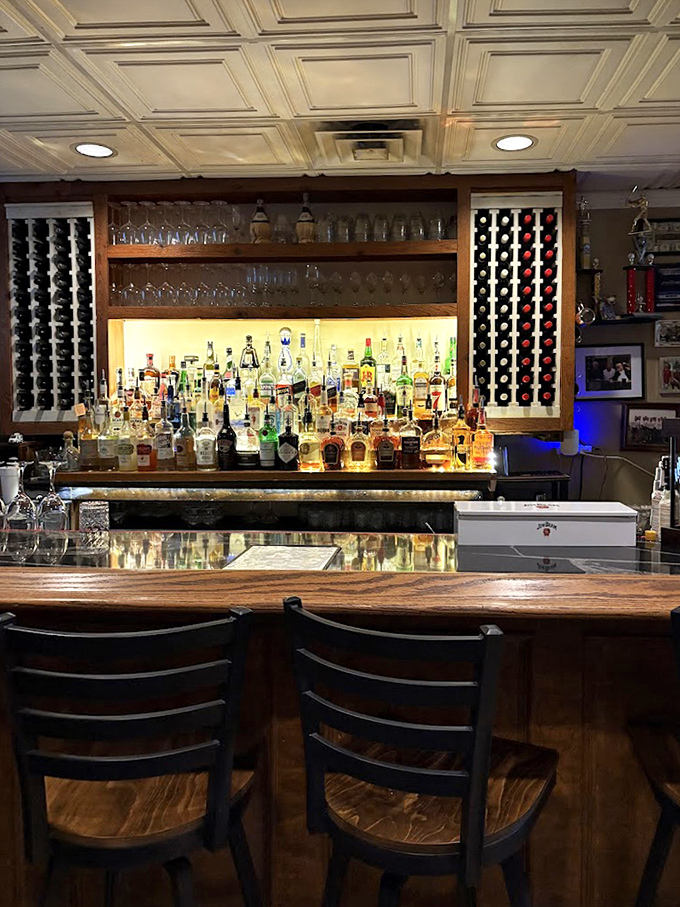 The well-stocked bar stands ready to provide liquid courage for those about to embark on Mama's Pasta Challenge.