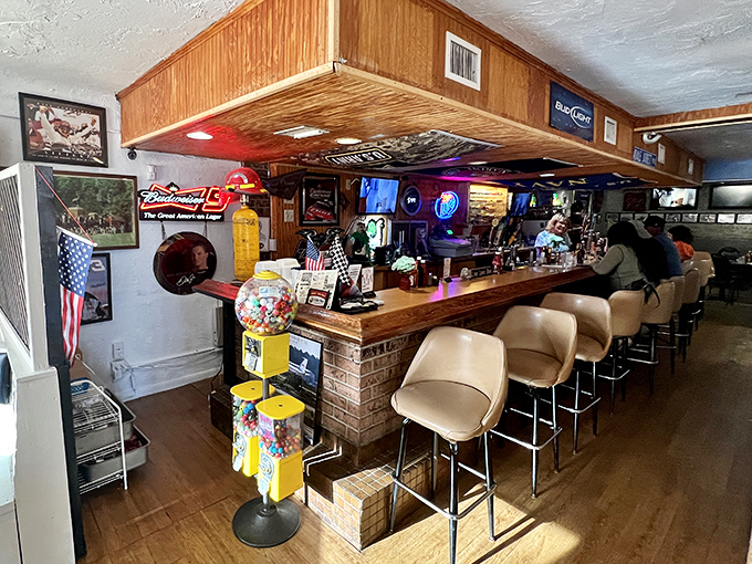 The bar stands ready to pour liquid courage for those attempting to finish the massive portions.
