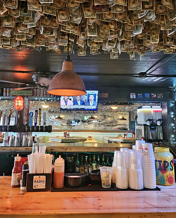 A bar that's seen more stories than a librarian. The money ceiling creates the illusion you're dining inside a very peculiar piggy bank.