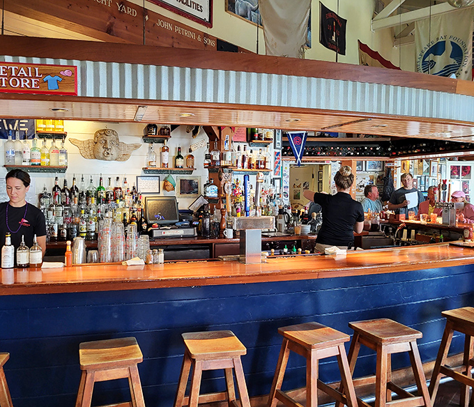 The bustling bar combines function and nostalgia, with wooden accents and a retail corner that tempts you to take a bit of Boatyard home.
