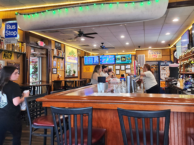 The bar area glows with the warm promise of cold beer, where trail dust is washed away with local brews and friendly conversation.