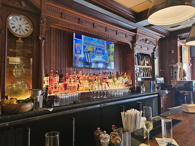 The bar area looks like it was designed by a sea captain with excellent taste&mdash;dark wood, gleaming bottles, and the promise of maritime tales.