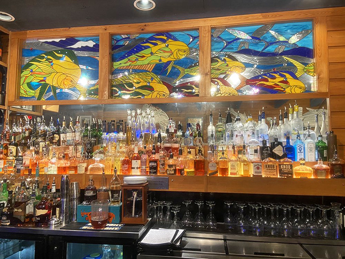 Behind gorgeous stained glass fish swims a sea of spirits. This bar doesn't just serve drinks&mdash;it tells stories through bottles and bartenders.