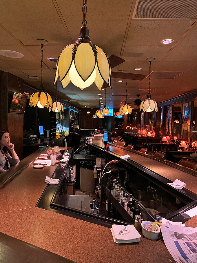 Lotus-shaped pendant lights hover above a bar that's witnessed countless toasts, deals, and first dates. Liquid courage with vintage charm.