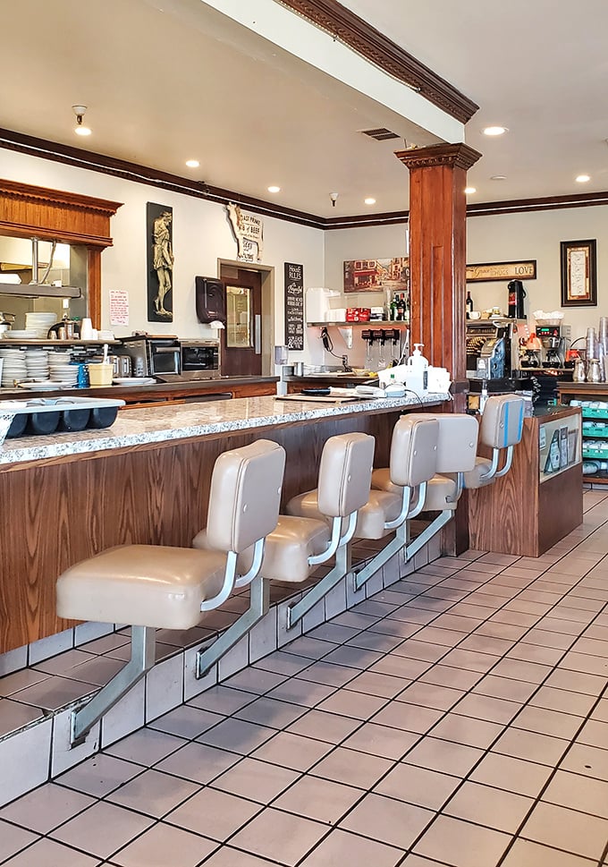 Classic diner counter seating&mdash;where solo diners feel right at home and regulars have their "spots" that servers know by heart.