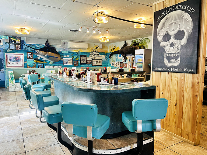 The counter at Mangrove Mike's—where solo diners become temporary locals and coffee refills appear like magic.