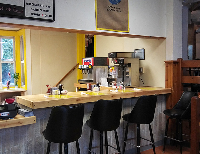 The counter where breakfast dreams come true. Those stools have witnessed countless first sips of morning coffee.