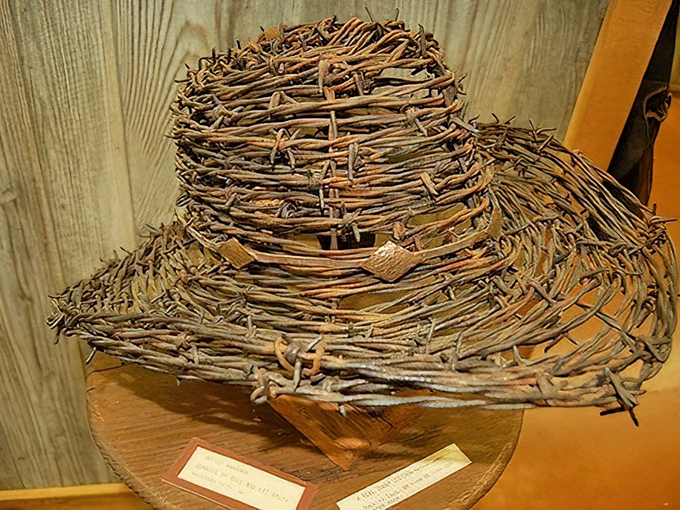 A cowboy hat made entirely of barbed wire? That's what I call a fashion statement that really makes a point!