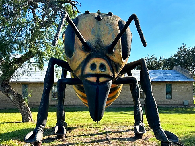 Face to face with fame&mdash;the bee's detailed visage shows craftsmanship that elevates this beyond typical roadside kitsch.