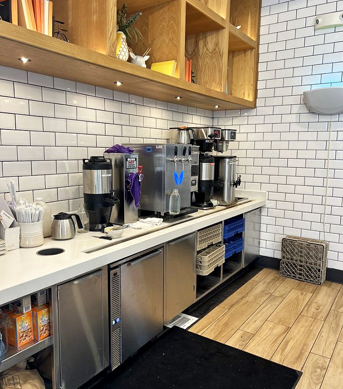 The beverage station's clean lines and subway tiles say "we take our drinks seriously"&mdash;even the non-alcoholic ones deserve this level of respect.