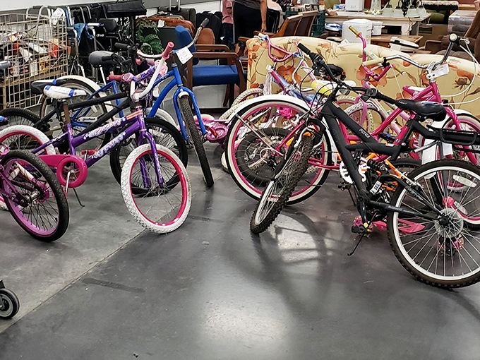 Bicycles await new adventures, proving that even transportation gets affordable second chances here.