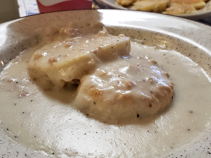 Biscuits and gravy so good they should be illegal in at least seven states. That pepper-speckled white gravy is what dreams are made of.