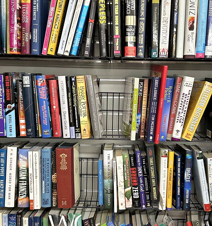 The book section creates a literary potluck where bestsellers from every decade mingle with obscure titles. Spines barely cracked&mdash;abandoned improvement projects?