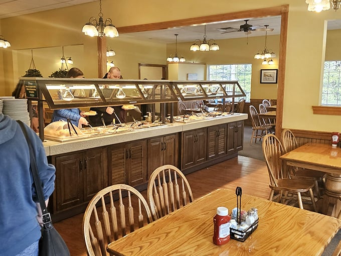 The buffet line&mdash;a wooden-cabinet masterpiece housing treasures more valuable than any pirate could imagine: homestyle cooking ready for the taking.