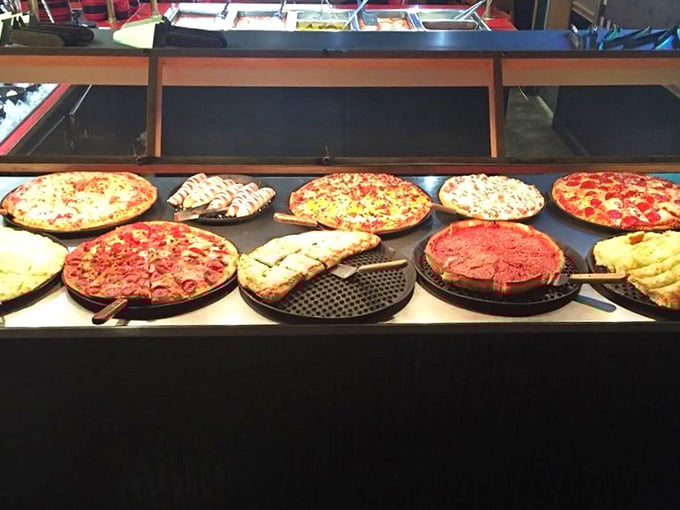 The buffet spread – a panorama of pizza possibilities that makes choosing just one slice the day's most difficult decision.