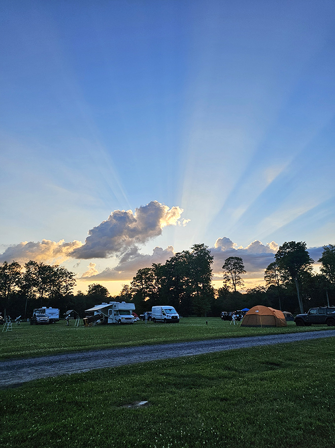 Sunset camping at Cherry Springs &ndash; where the check-in desk is invisible, the ceiling is infinite, and the mini-bar is whatever you packed.
