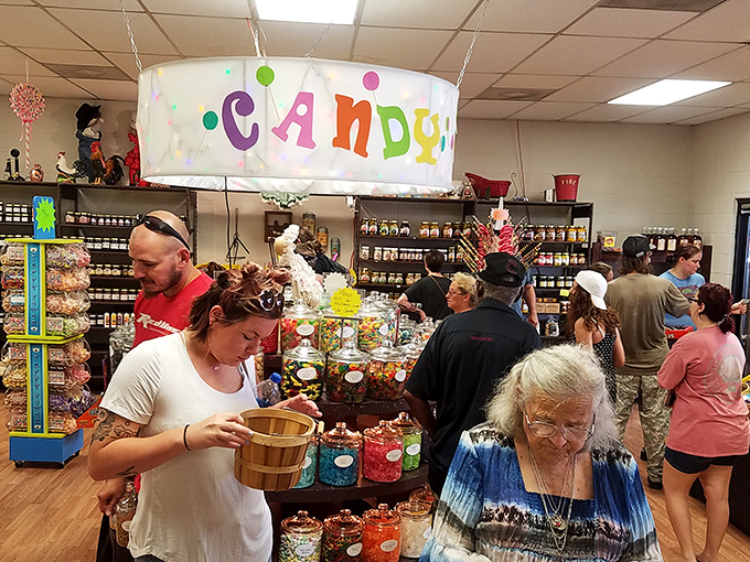 Candy heaven under fluorescent lights! This sweet spot proves that no matter your age, the sight of jars filled with colorful treats awakens your inner child.