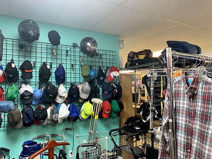 The hat wall offers protection from Florida's sunshine with enough variety to satisfy both the practical gardener and the stylish beachgoer. 