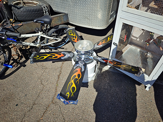 Flame-adorned fan blades ready to bring both breeze and attitude. Because sometimes your ceiling needs to make the same statement as a 1970s custom van.