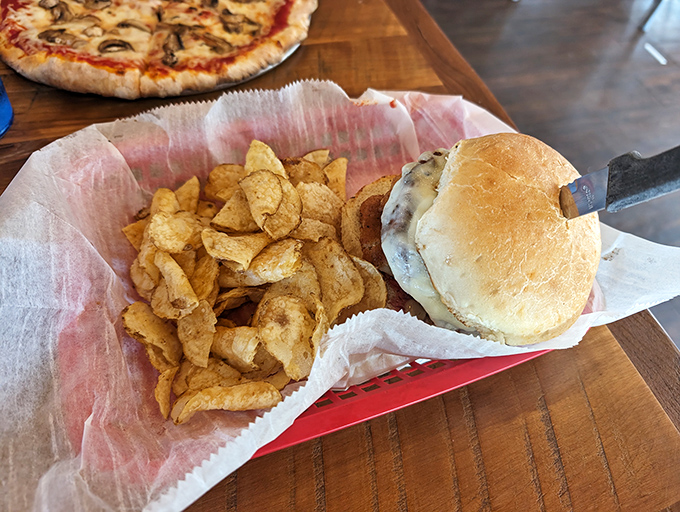 The humble cheeseburger&mdash;civilization's greatest achievement next to indoor plumbing. This one, with its perfectly toasted bun and house-made chips, is simplicity elevated.