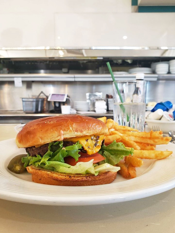 A burger that doesn't need gimmicks, just honest ingredients on a perfectly toasted bun, with fries standing at attention alongside.