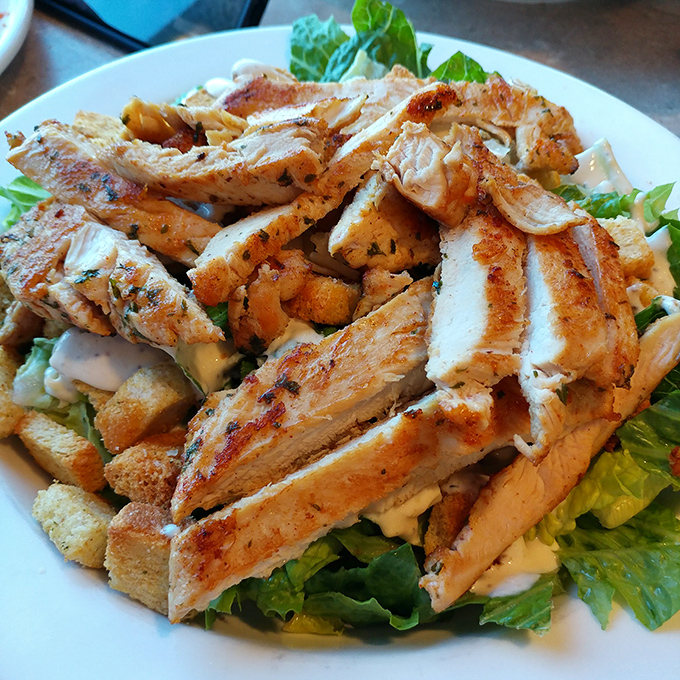 A chicken Caesar salad that makes eating greens feel like a reward rather than a punishment. Croutons that crunch like they mean it.