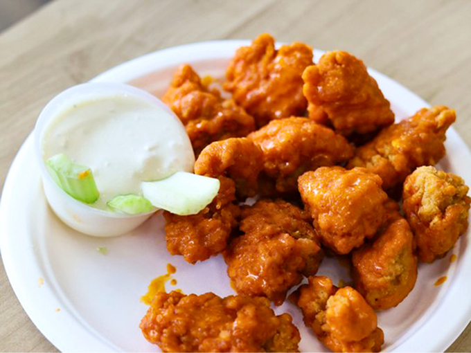 Buffalo chicken bites that look crispy enough to hear the crunch from across the room.