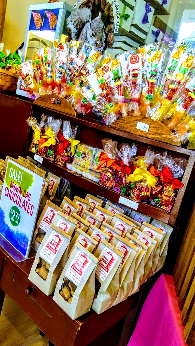 Sweet treats packaged with care. These chocolate bags and candy displays offer delicious souvenirs that rarely survive the car ride home.