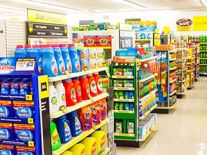 Cleaning supplies lined up like soldiers ready for battle against household grime. The laundry detergent selection alone deserves applause.