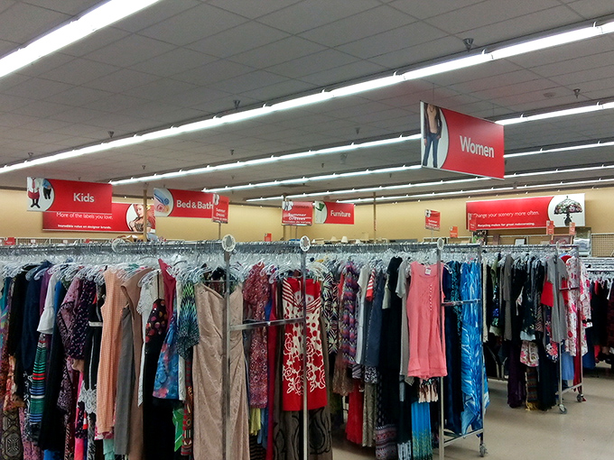 Clear department signage helps navigate this treasure maze, where "Women," "Kids," and "Furniture" sections create some semblance of order.
