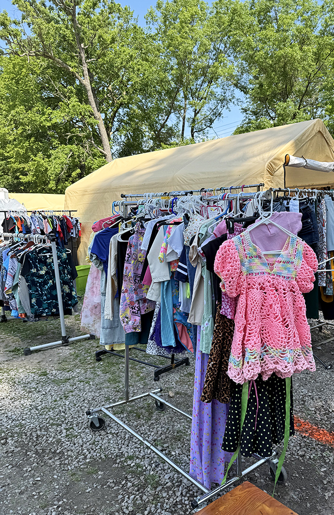 Childhood nostalgia hangs in the summer breeze. That pink crocheted dress waits patiently for its second chance to attend a special occasion.