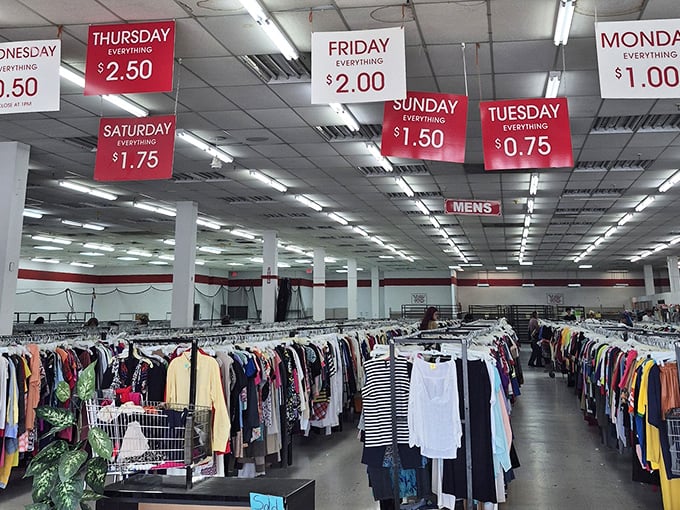 The daily migration of clothing seekers, navigating aisles under the watchful guidance of those red price banners &ndash; a thrifter's north star.