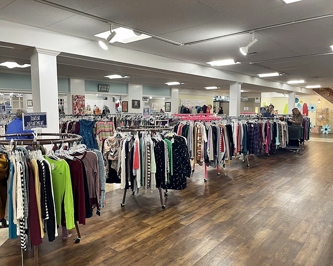 The clothing section: organized with military precision but priced with Depression-era sensibility. Rainbow shopping at its finest!