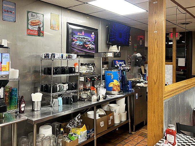 The coffee station&mdash;command central for any serious diner operation&mdash;where mugs wait patiently for their moment to serve.
