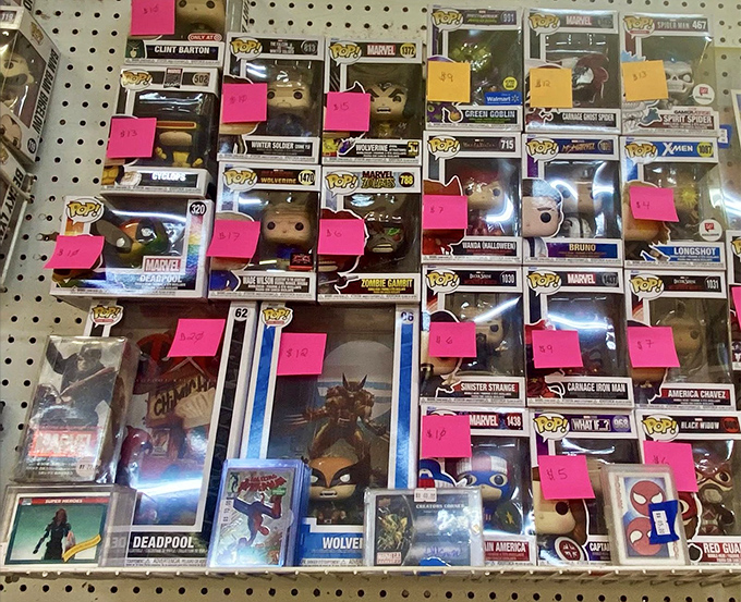 Pop culture paradise! Funko Pop figures stand at attention, their pink price tags signaling bargains for Marvel fans and collectors alike.