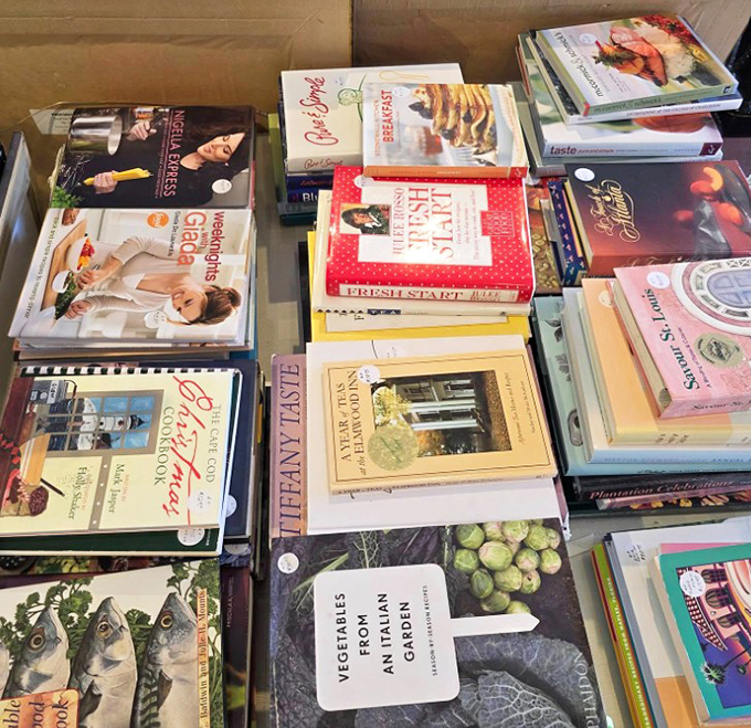 Cookbooks stacked with care reveal culinary time travel possibilities &ndash; Julia Child rubbing shoulders with forgotten Florida recipes and vegetarian explorations.