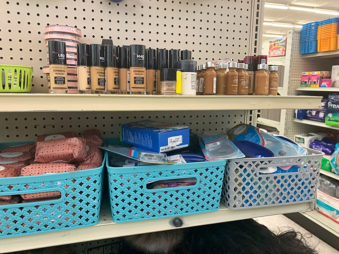 Beauty products and personal care items neatly arranged in colorful bins&mdash;proof that self-care doesn't require emptying your wallet.