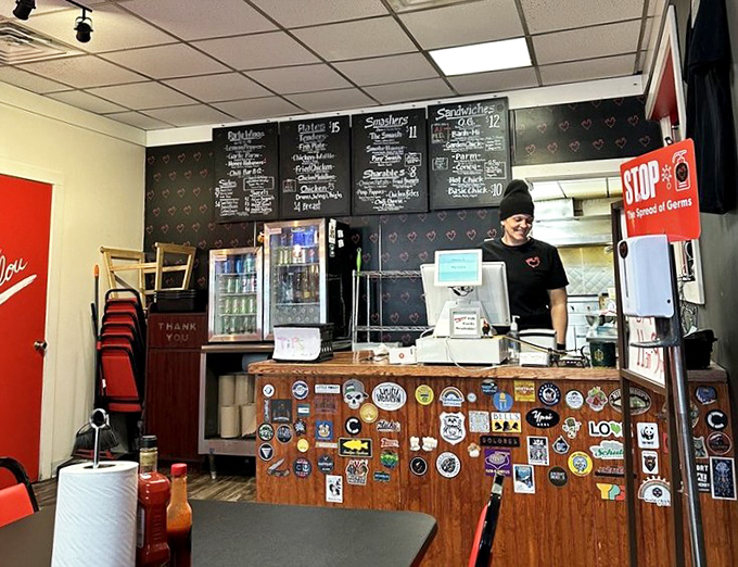 The counter where dreams come true, complete with a collection of stickers that tell stories of travelers who found their way to chicken paradise.