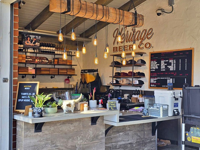 Edison bulbs illuminate the beer counter like a shrine to liquid refreshment. The perfect place to contemplate your upcoming meat feast.