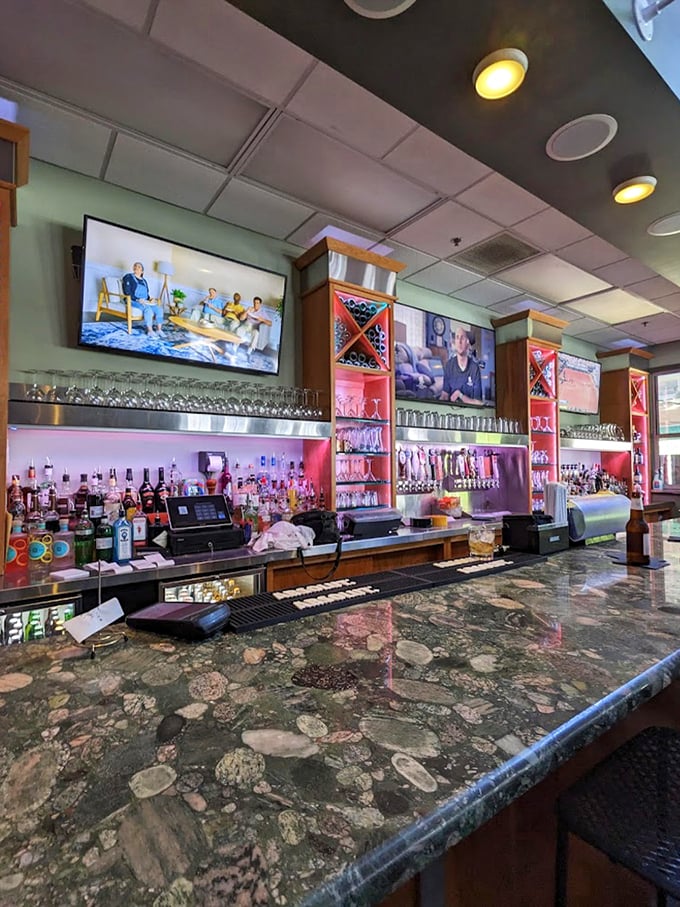 The bar area glows with ambient lighting and promises of craft beverages, like the sophisticated cousin of your favorite neighborhood hangout.