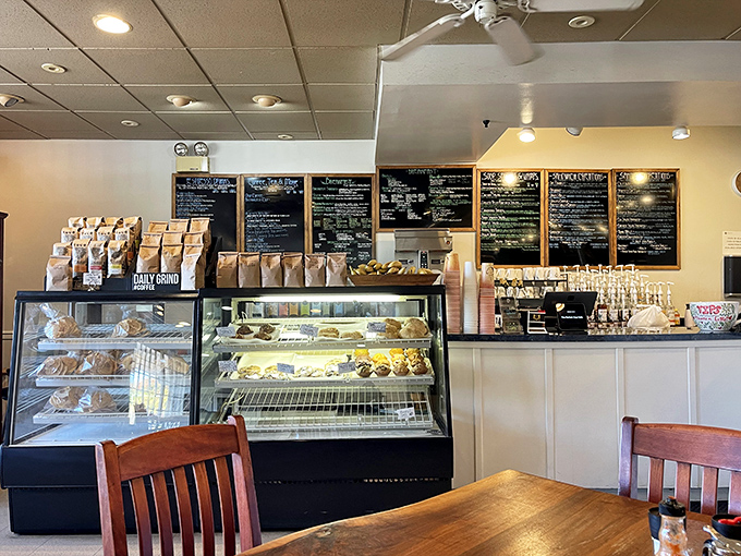 The display case&mdash;a glass-fronted museum of pastry possibilities. Morning decisions have never been so deliciously complicated.